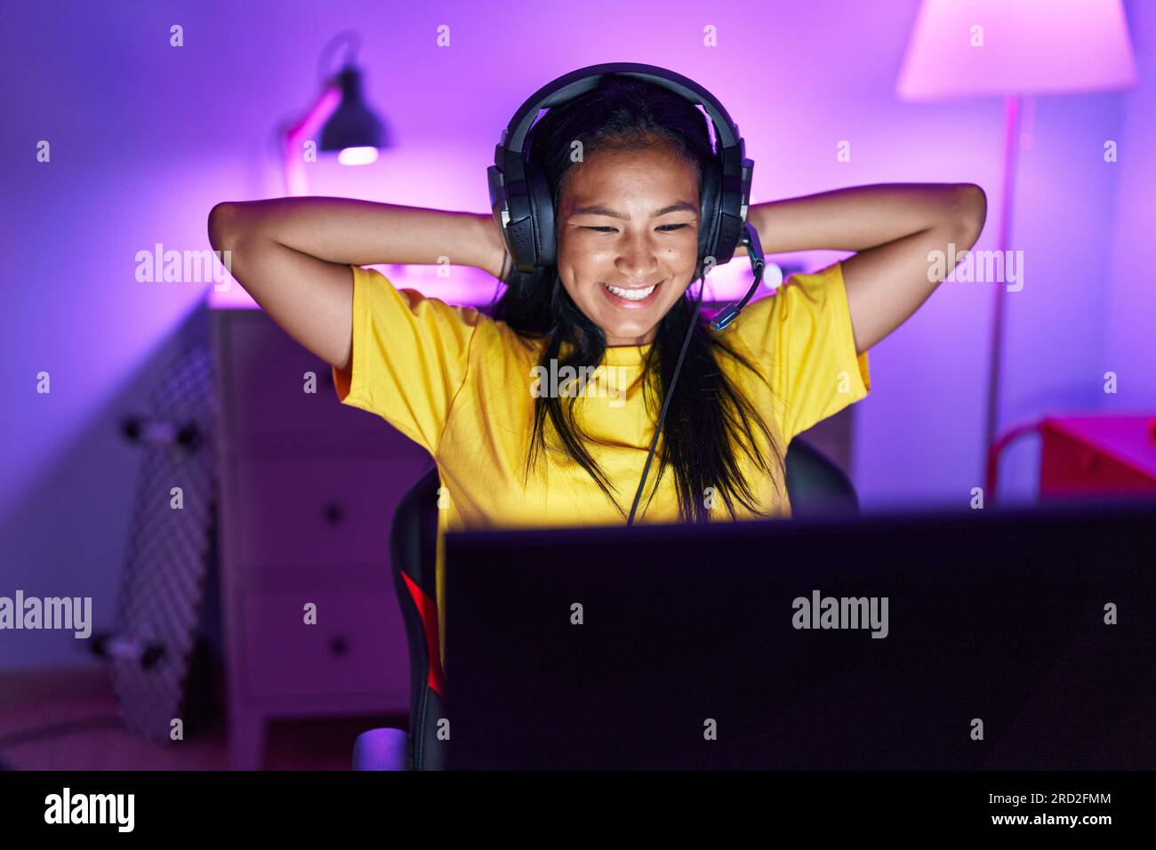 Young beautiful latin woman streamer smiling confident relaxed with ...