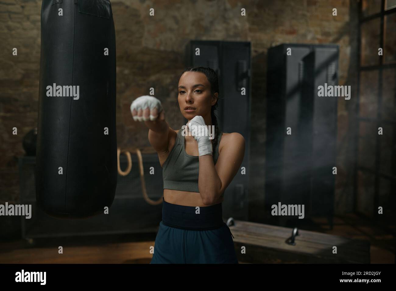 Front view portrait of powerful woman boxer fighting to camera Stock ...