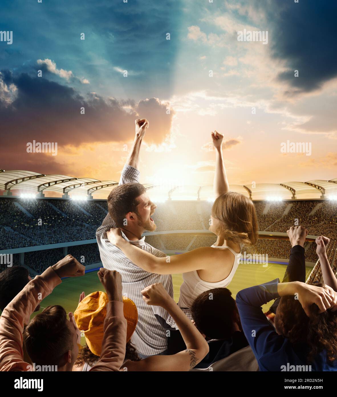 Football fans support their team, excited couple chanting name of team ...