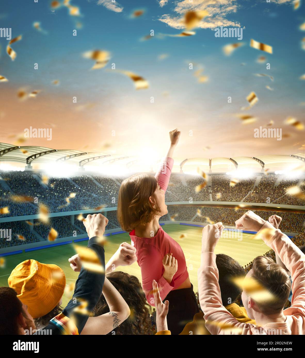 Excited woman cheers for victory of team raising one hand with confetti ...