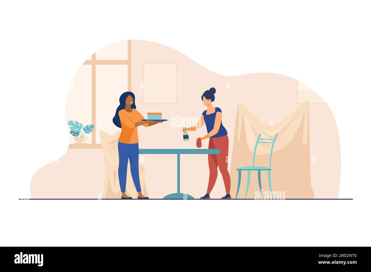 Two women cleaning table and room Stock Vector Image & Art - Alamy