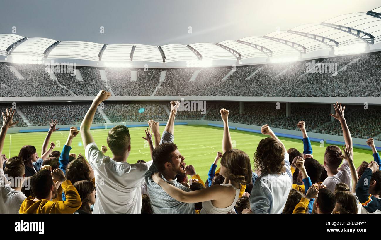 Backview of supporting cheering soccer fans with raising one hand, 3d ...