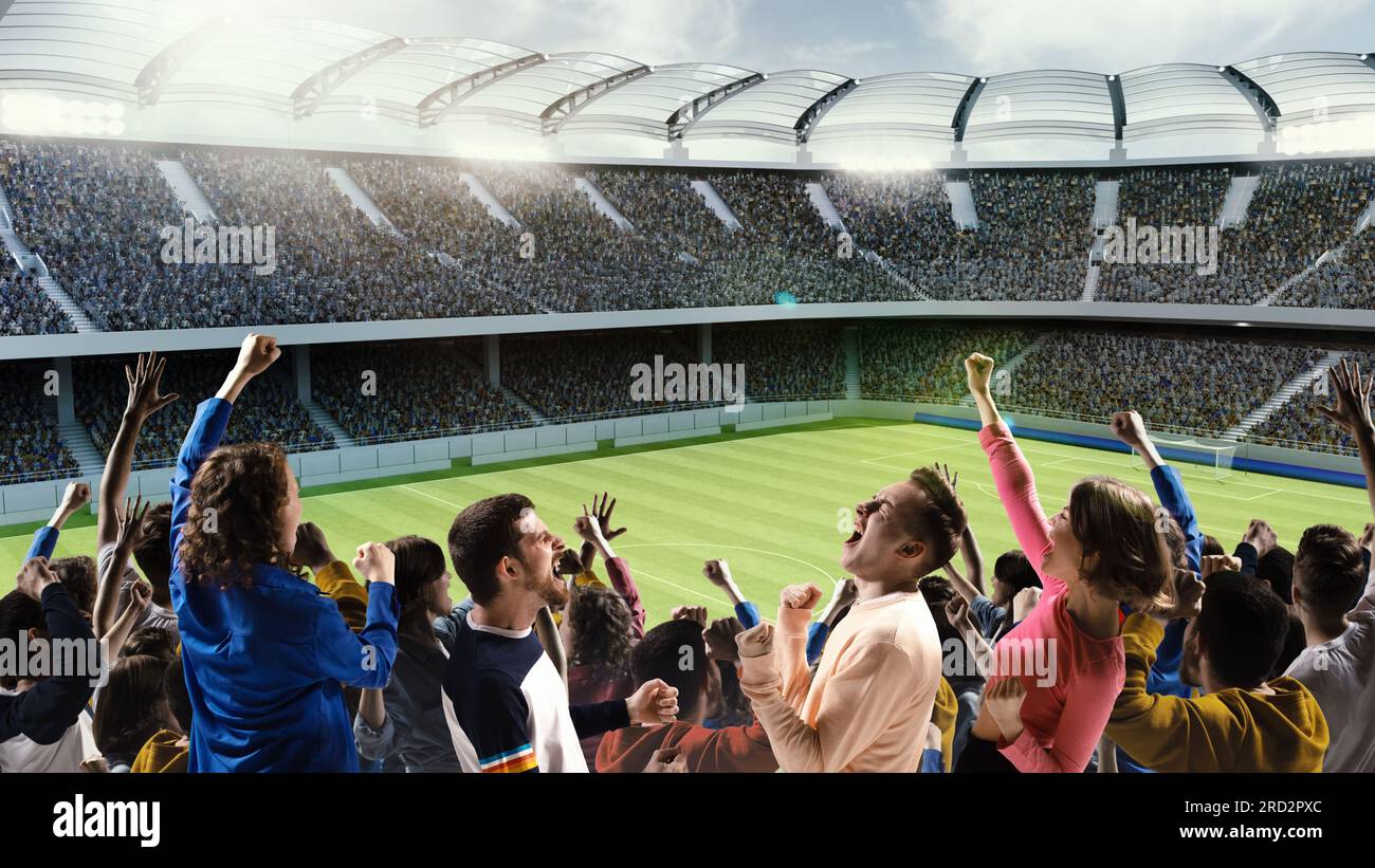 Amazed fans support their team on grandstand, backview, 3d model ...