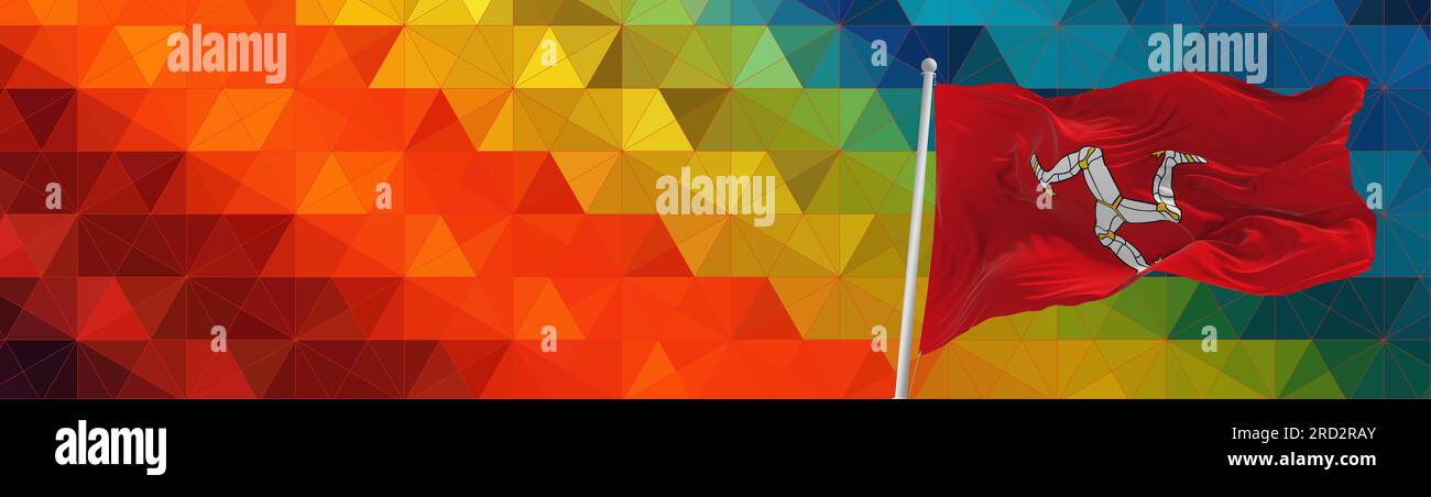 official flag of Isle of Man waving at colorful background, panoramic ...