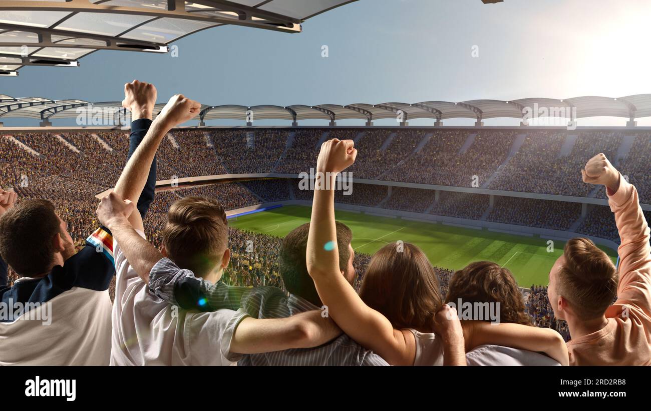 Group of fans with scarfs jumping, shouting and supporting of team ...