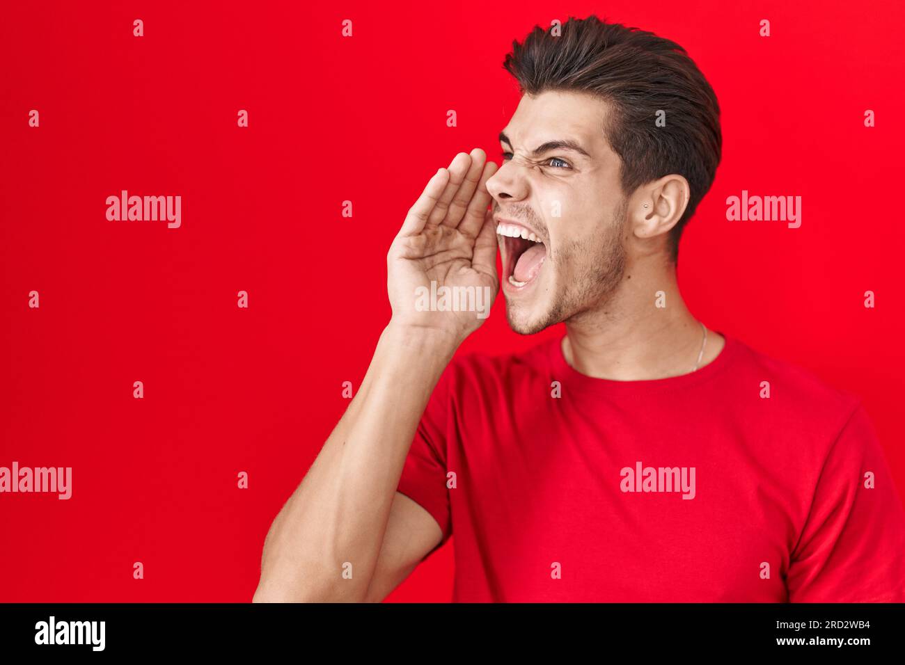 Young hispanic man standing over red background shouting and screaming ...