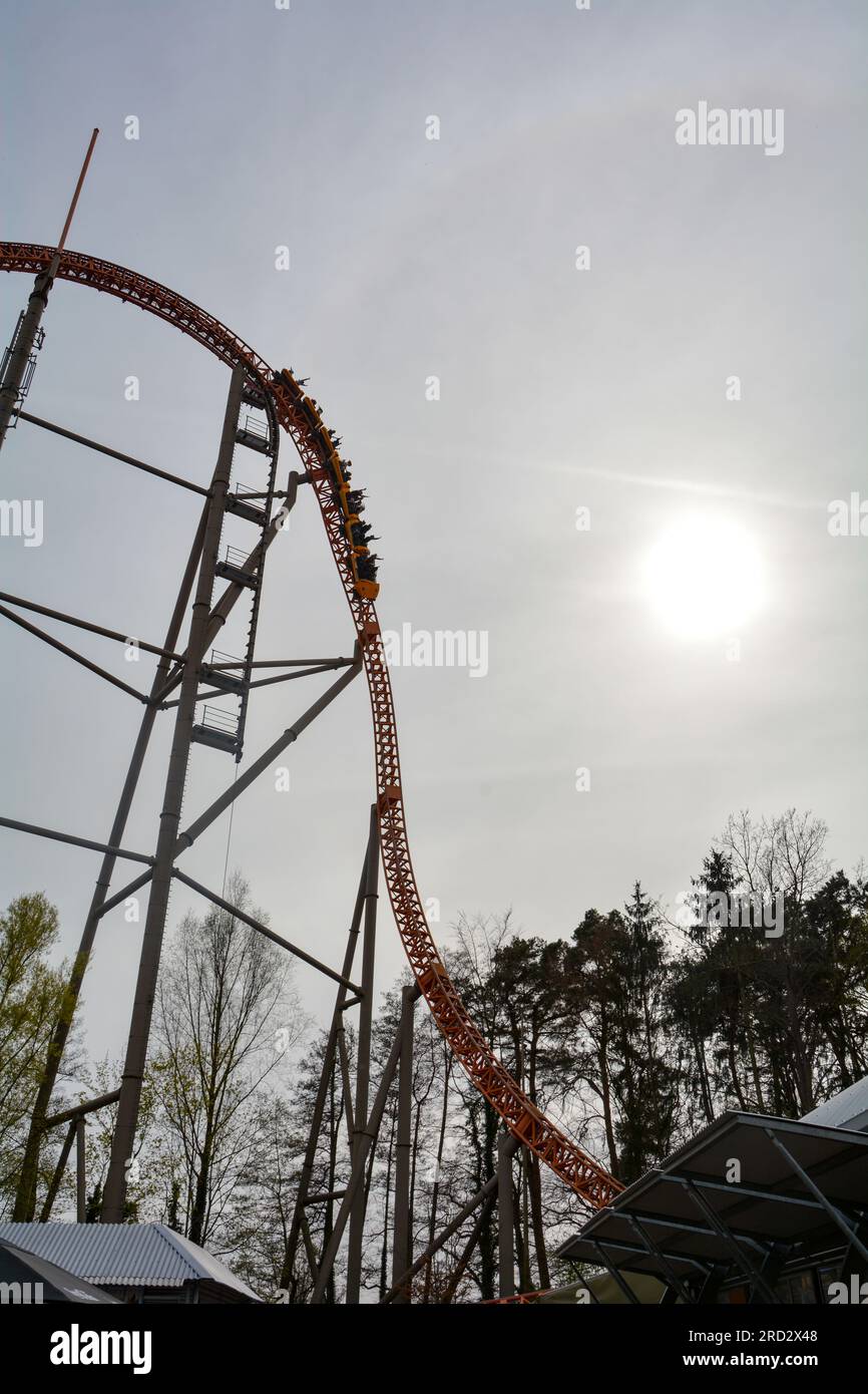 Roller coaster with full carriages in the amusement park with sun Stock ...