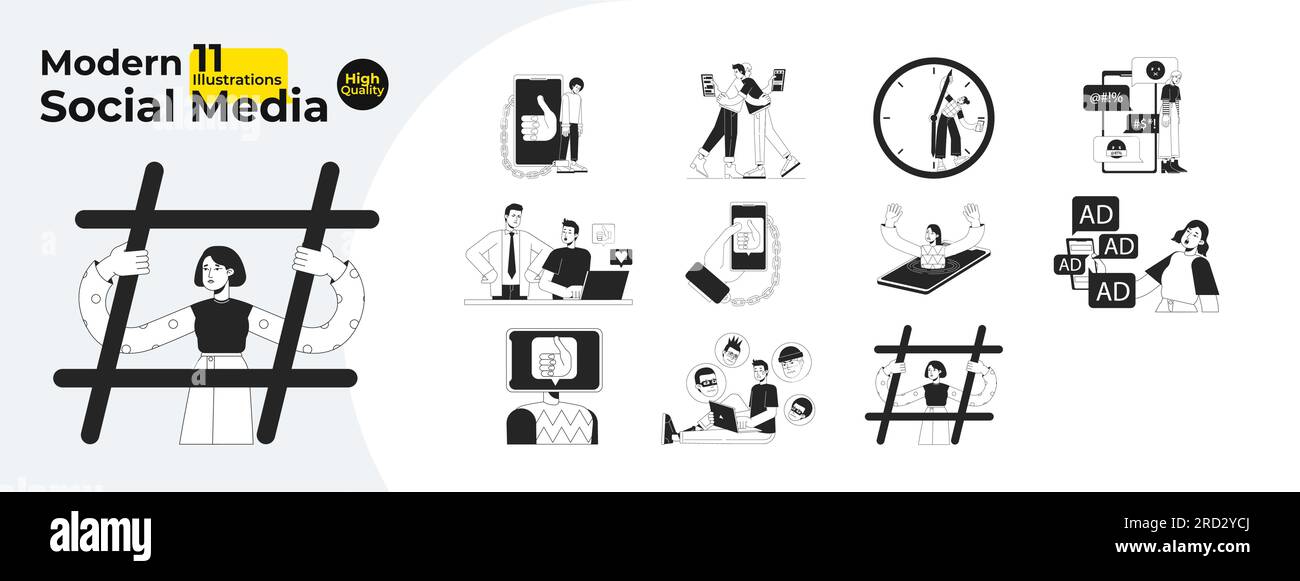 Social media problems bw concept vector spot illustrations bundle Stock ...