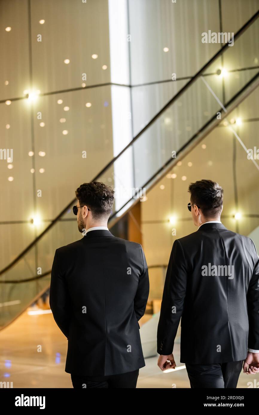 security management of luxury hotel, back view of two men in formal ...