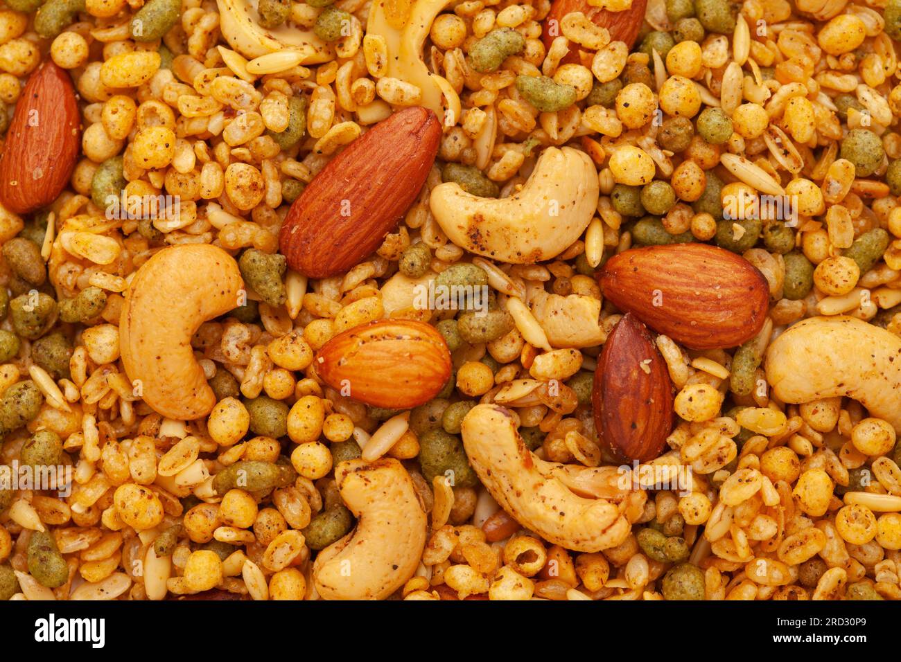 Close-Up of Kashmiri Mixture (Namkeen) snacks, made from dry fruits, cashew nuts, moong dal ...