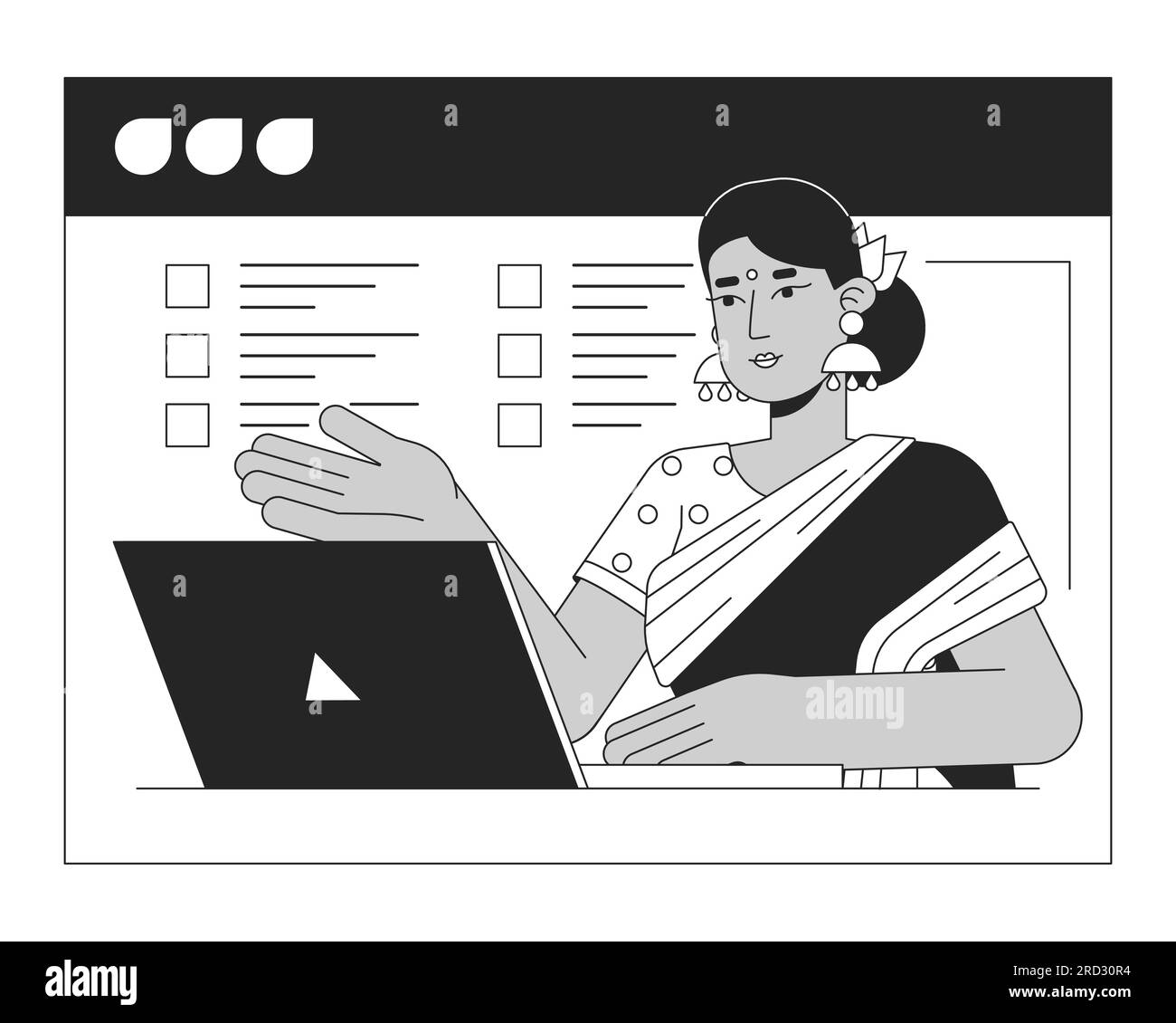 Hindu woman on web conferencing bw concept vector spot illustration ...