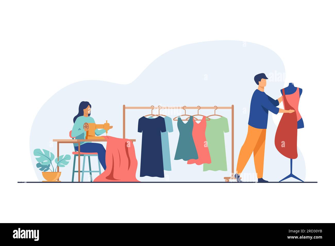 Female character sewing clothes Cut Out Stock Images & Pictures - Alamy