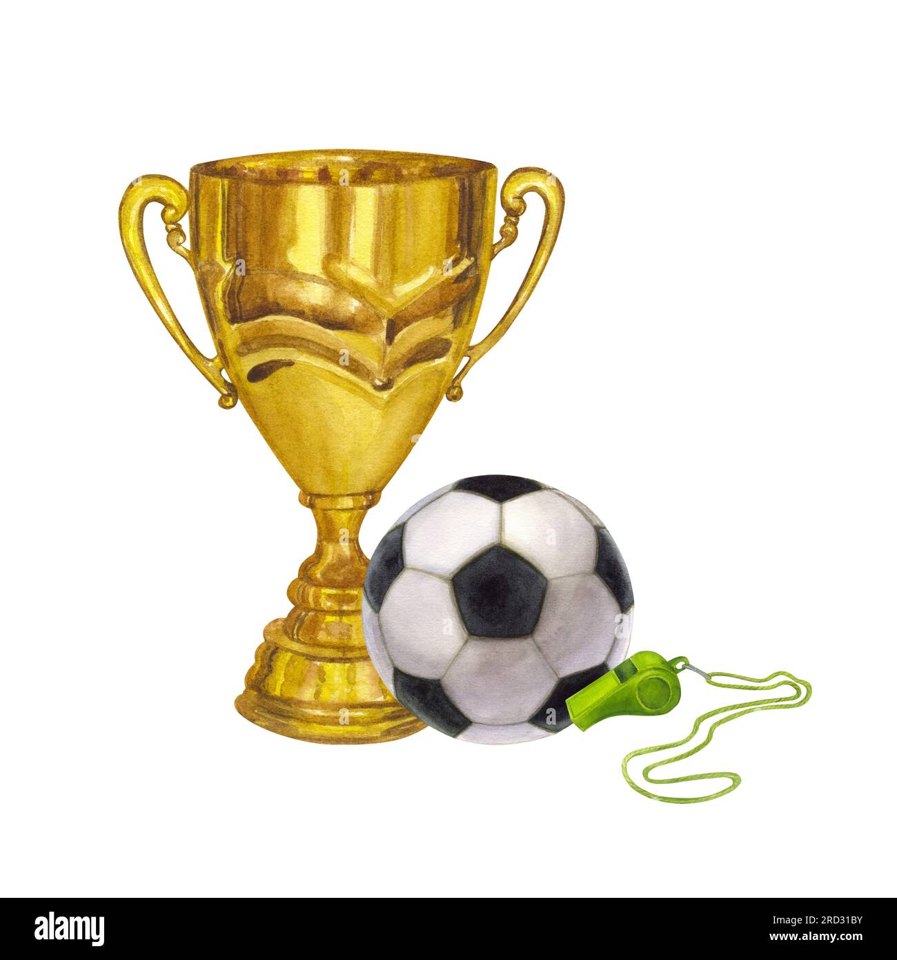Golden winner cup trophy, soccer ball, whistle, victory, prize. Hand ...