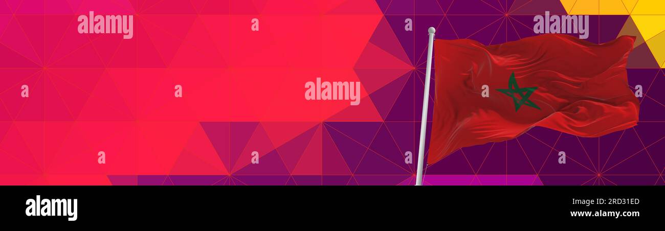 official flag of Morocco waving at colorful background, panoramic view ...