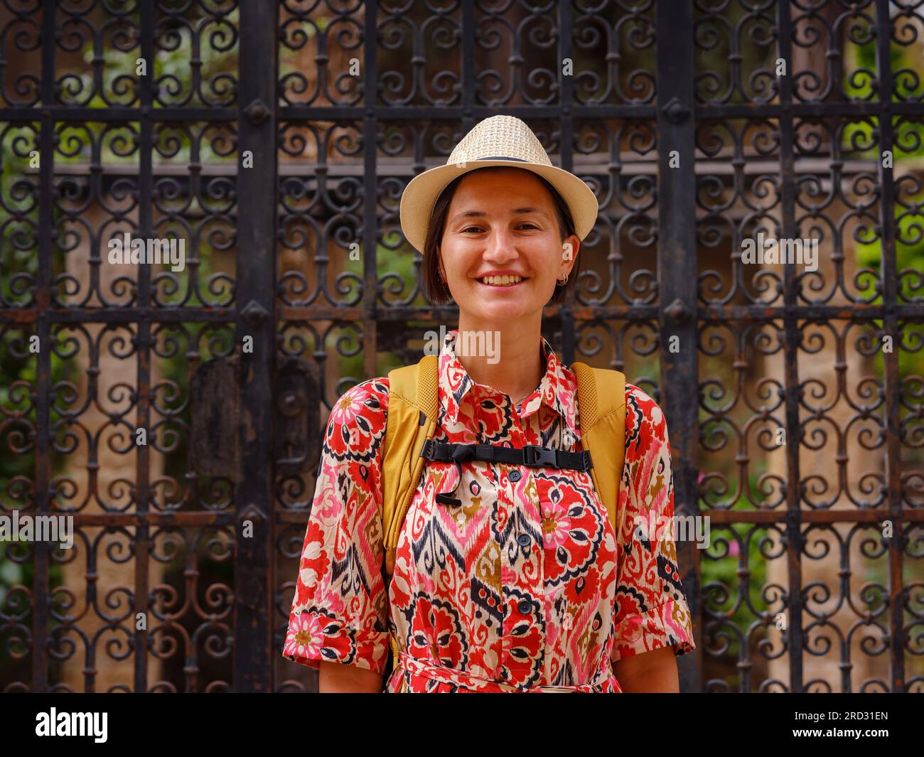 summer trip to Rhodes island, Greece. Young Asian woman in ethnic red ...