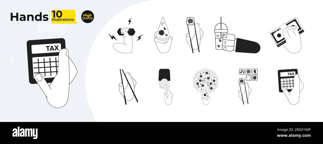 Hands hold things monochrome flat vector objects bundle Stock Vector ...