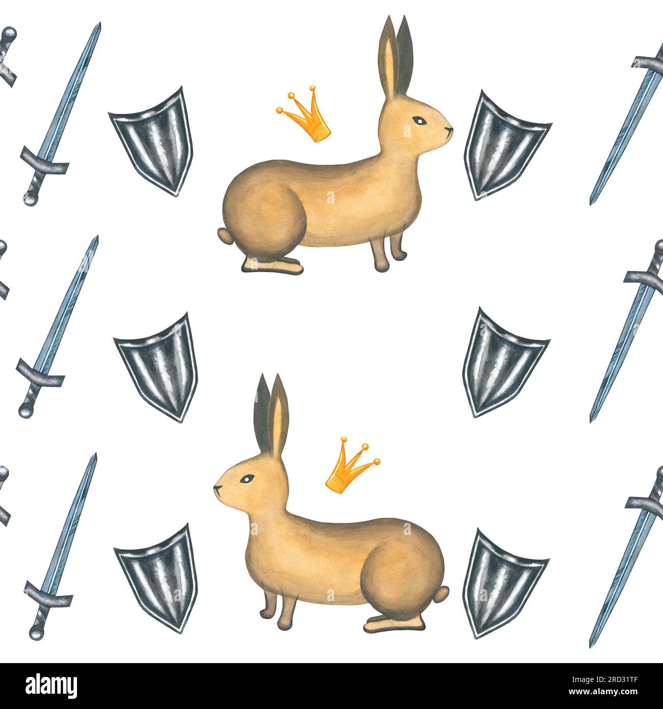Watercolor illustrations rabbits and crown, swords, shields in medieval ...