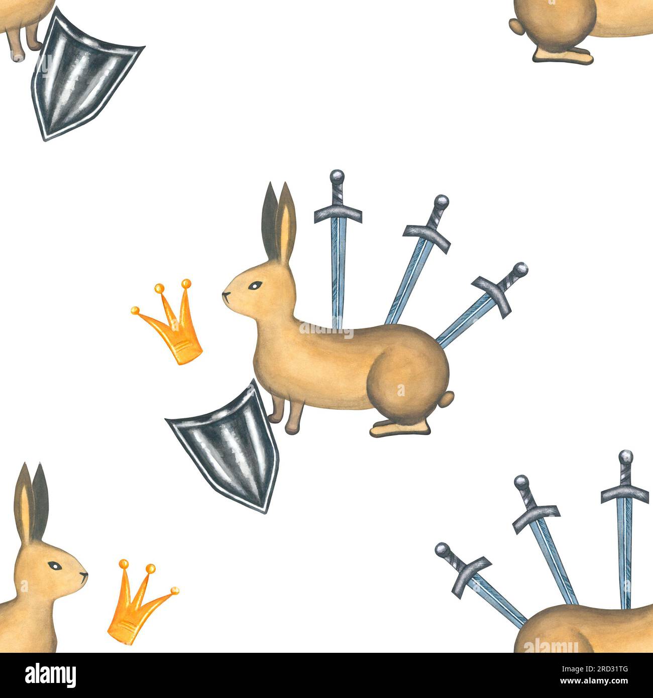 Watercolor illustration of rabbits with swords, shield and crown. The ...
