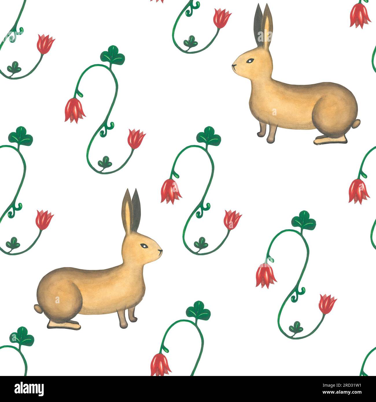Watercolor rabbits and plants in medieval style. Seamless pattern hand ...