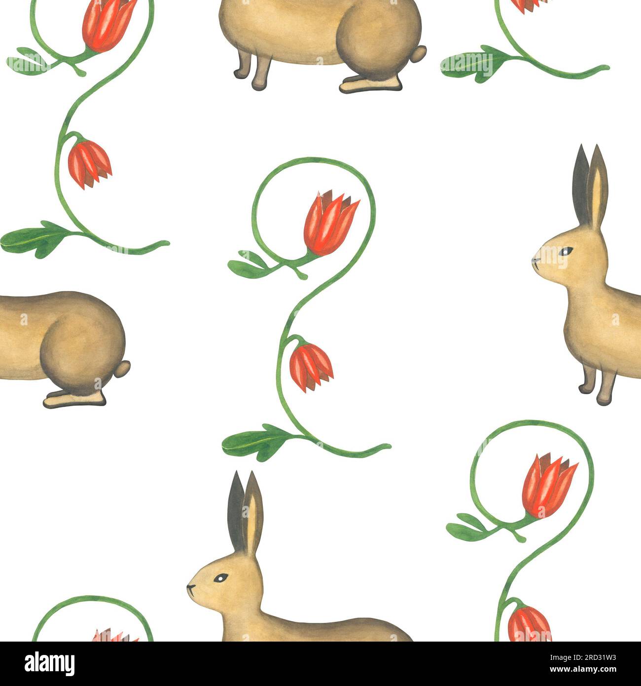 Watercolor rabbits and plants in medieval style. Seamless pattern hand ...