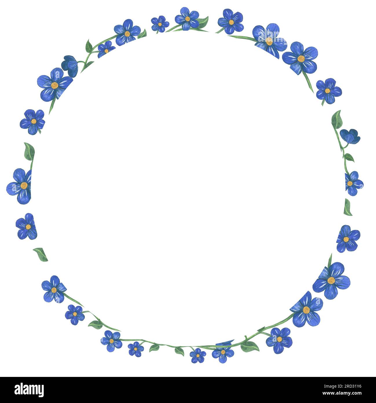 Watercolor illustration of blue flowers round frame. Made by hand on a ...