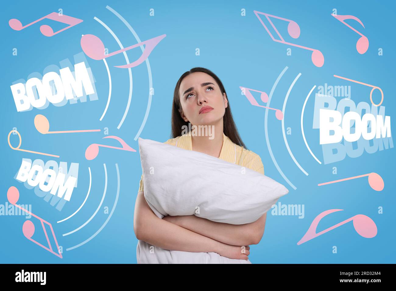Insomnia. Exhausted woman with pillow can`t falling asleep because of ...