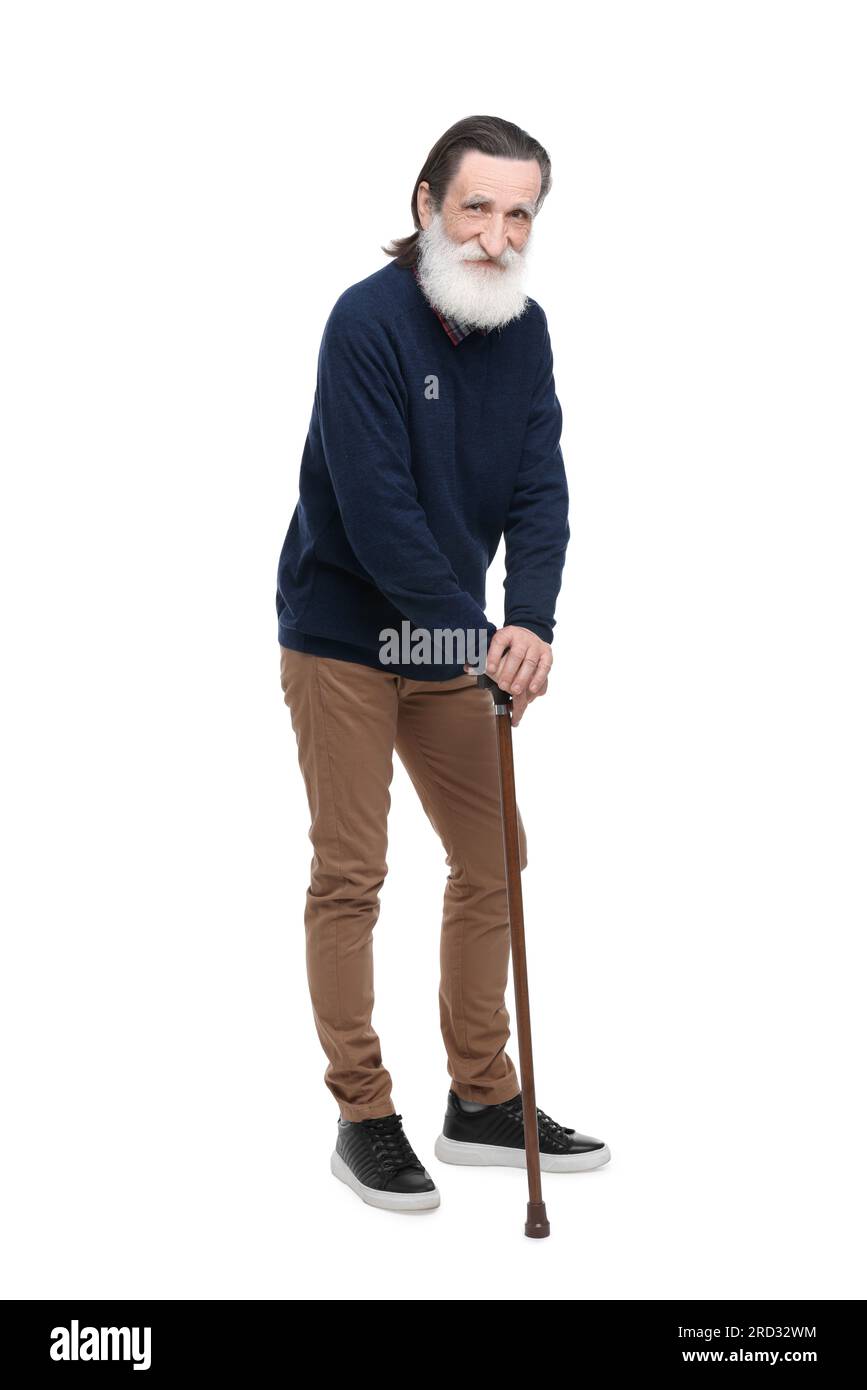 Senior man with walking cane on white background Stock Photo - Alamy