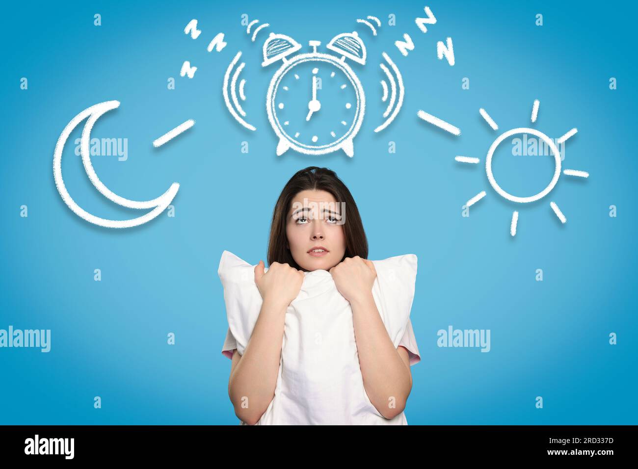 Insomnia. Worried woman with pillow suffering from irregular sleep ...