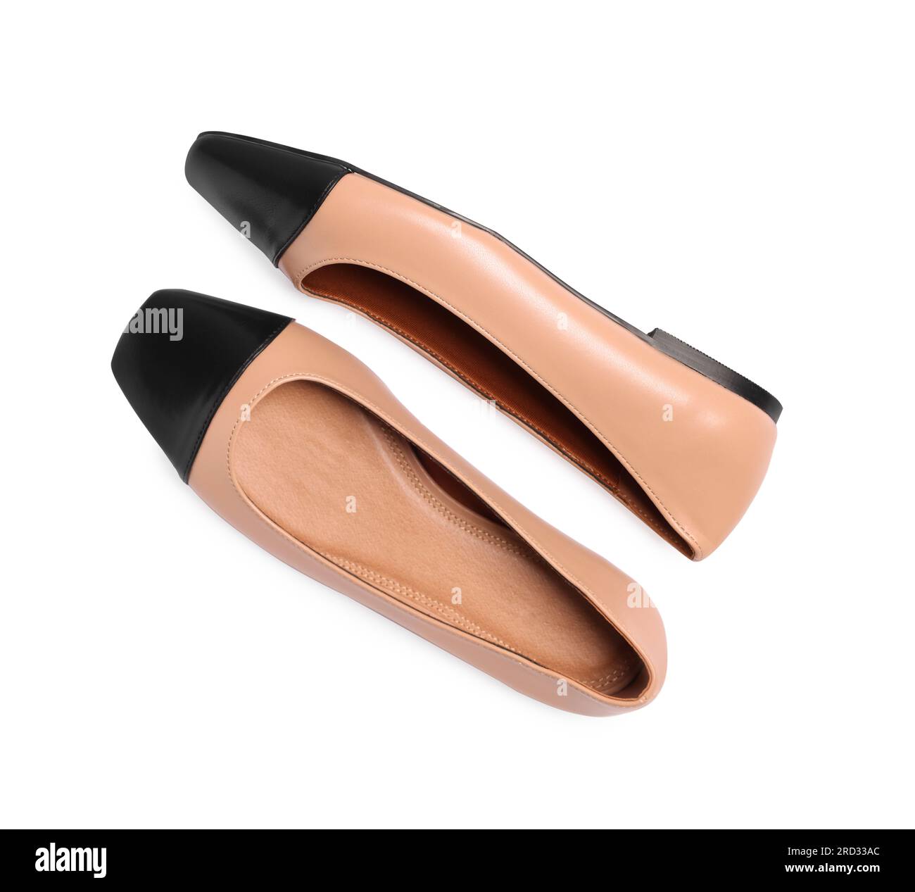 Pair of new stylish square toe ballet flats on white background, top ...