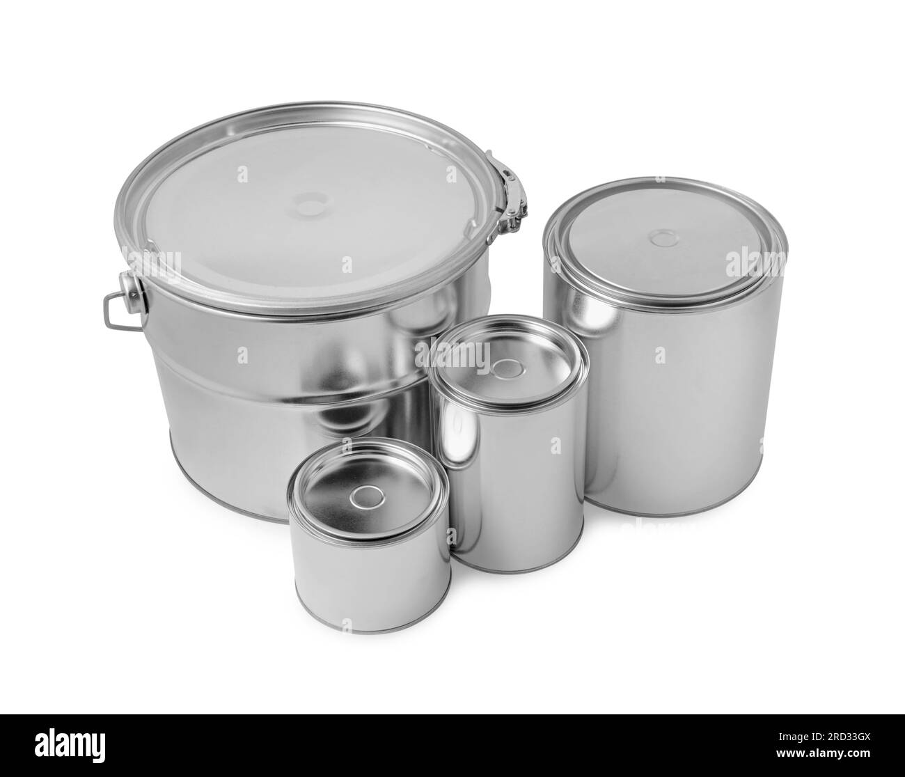 New metal paint cans and bucket on white background Stock Photo - Alamy
