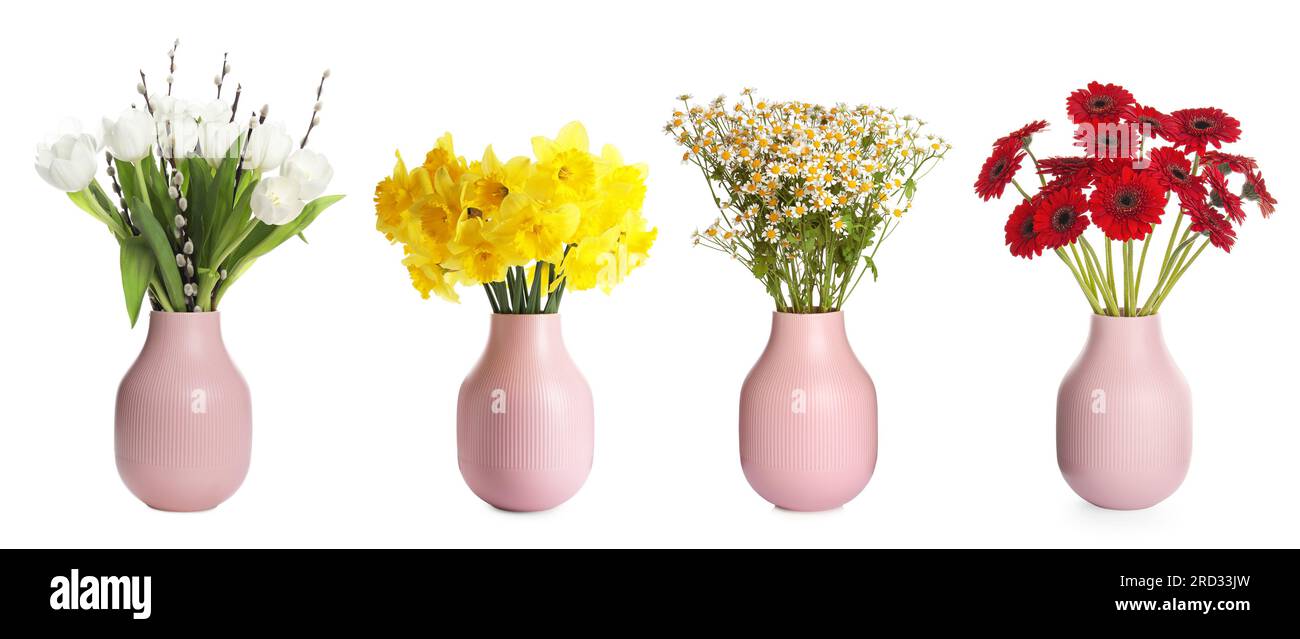 Collage of stylish vase with different bouquets on white background ...
