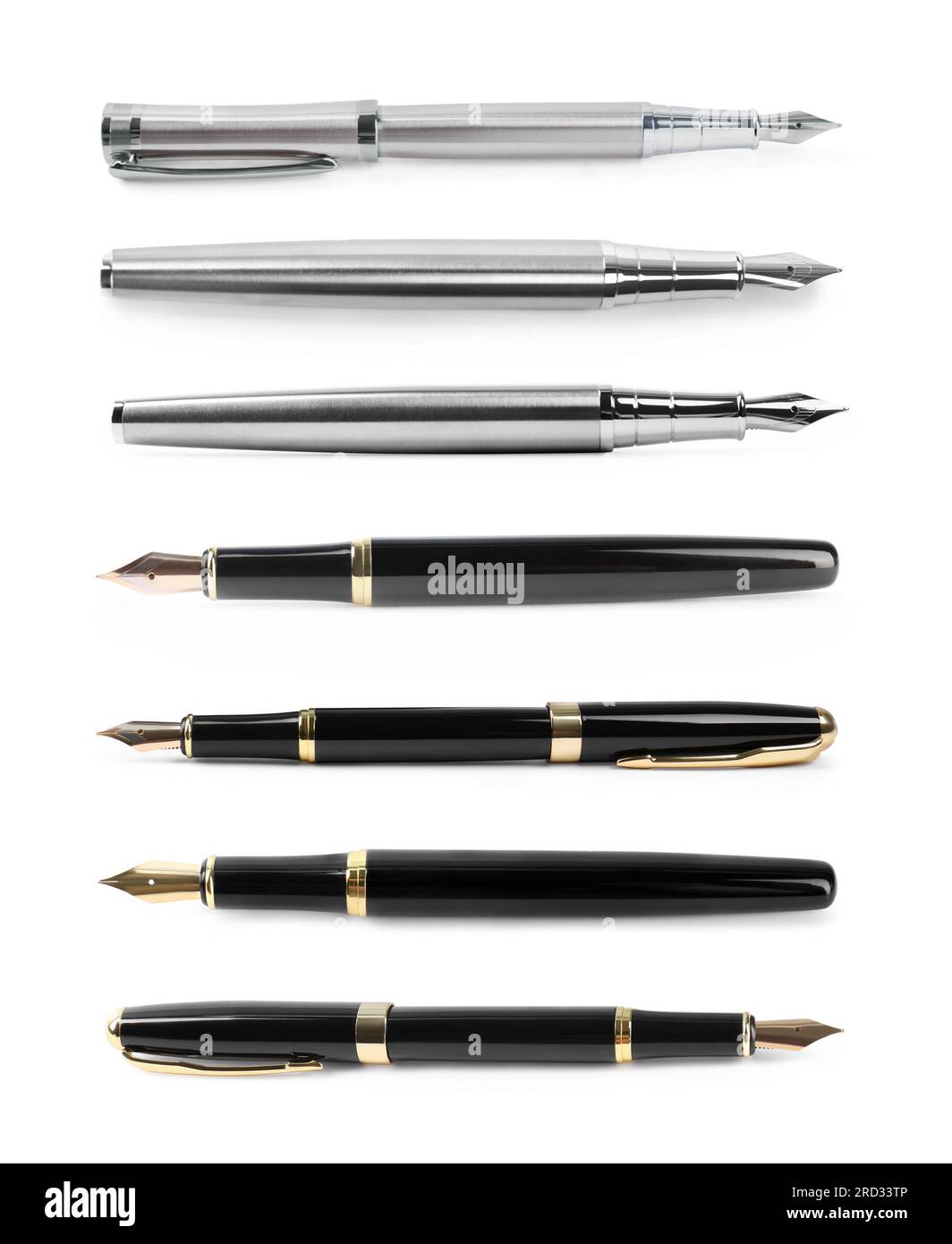 Set of fountain pens on white background, top view Stock Photo - Alamy