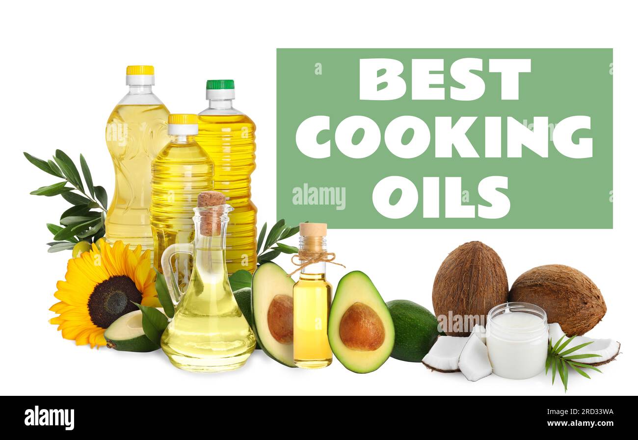 Best for cooking. Different oils and ingredients on white background ...