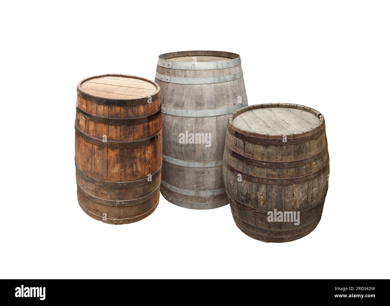Many different wooden barrels on white background Stock Photo - Alamy