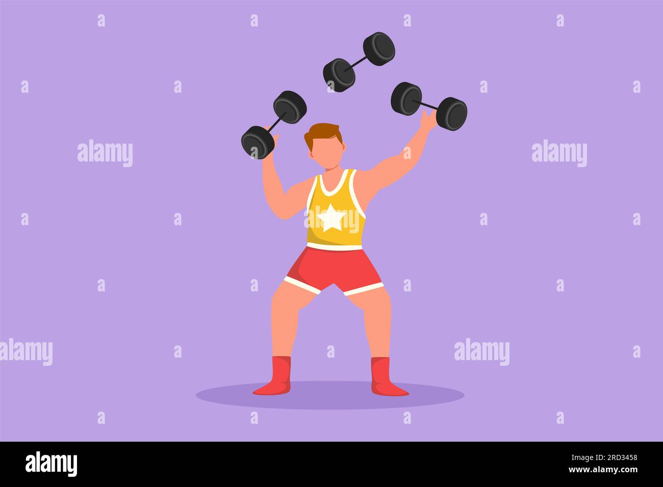 Cartoon flat style drawing acrobat juggling small dumbbells. Hand ...