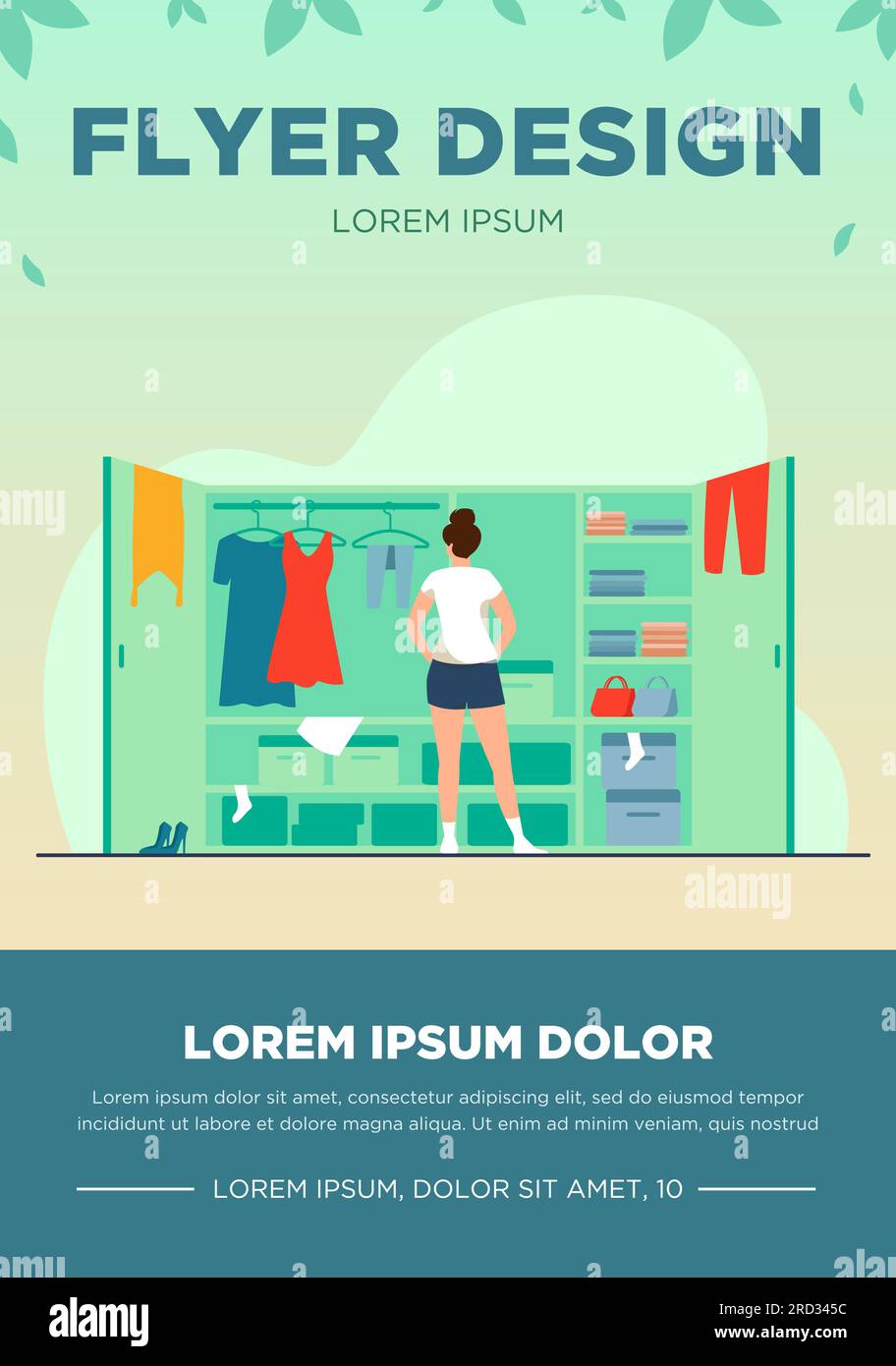 Woman choosing dress from wardrobe flat vector illustration Stock ...