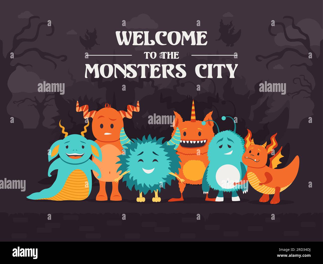 Stylish background design with cute monsters standing Stock Vector ...