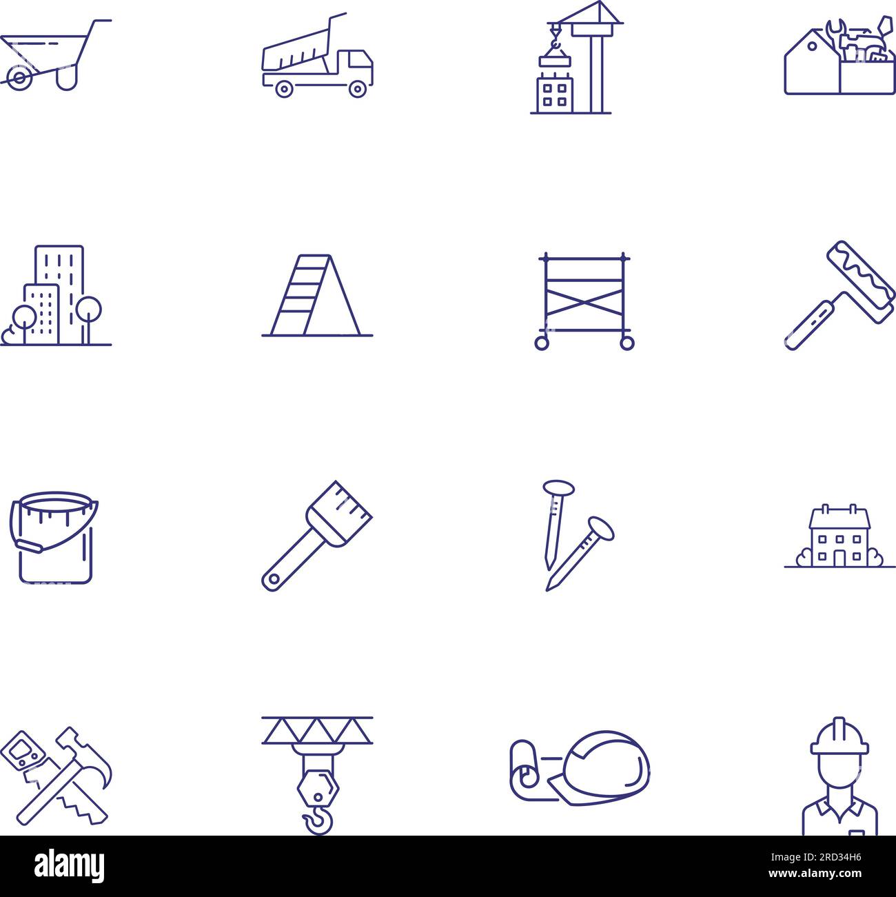 Construction site line icon set. Cart, crane, saw Stock Vector Image ...