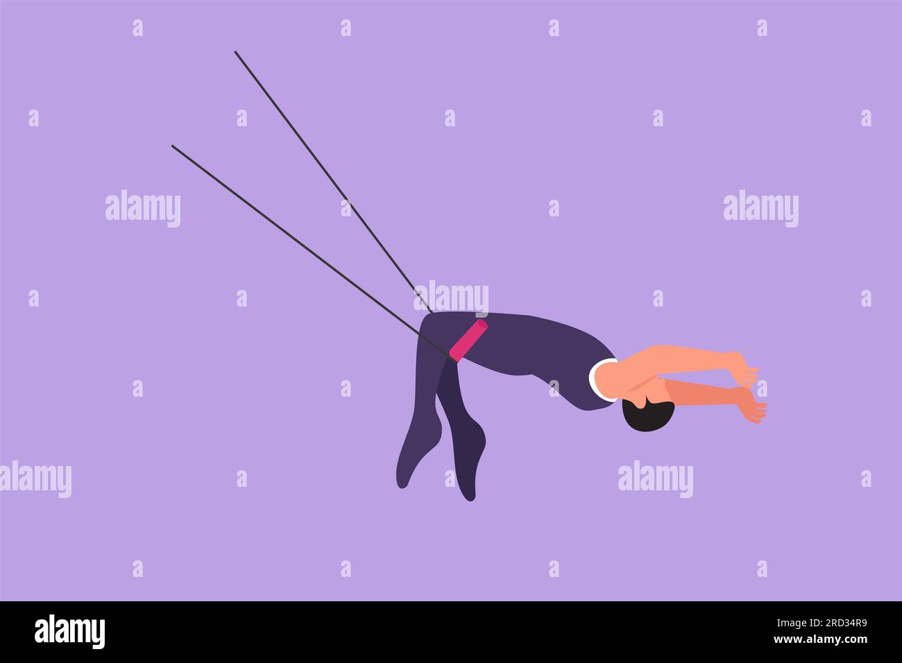 Character flat drawing young male acrobat performs on trapeze with legs ...