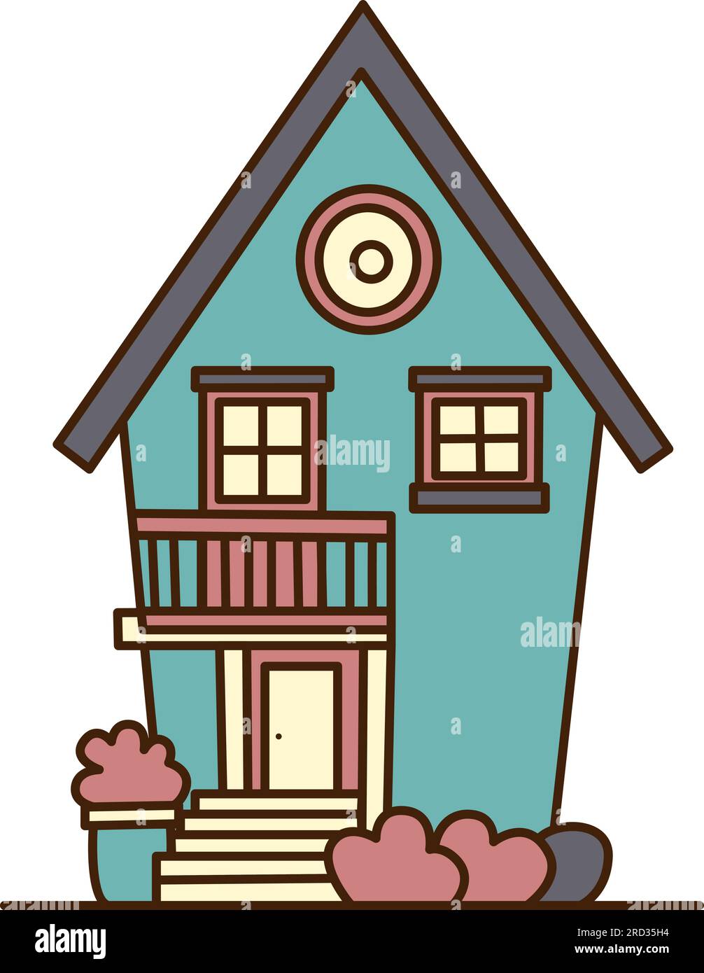 Vector cartoon old cottage with balcony icon. Vector old style blue ...