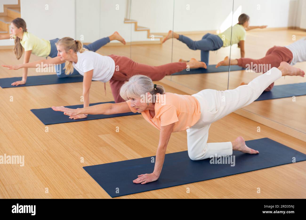 Family of three generations exercising Hatha yoga poses in yoga studio ...
