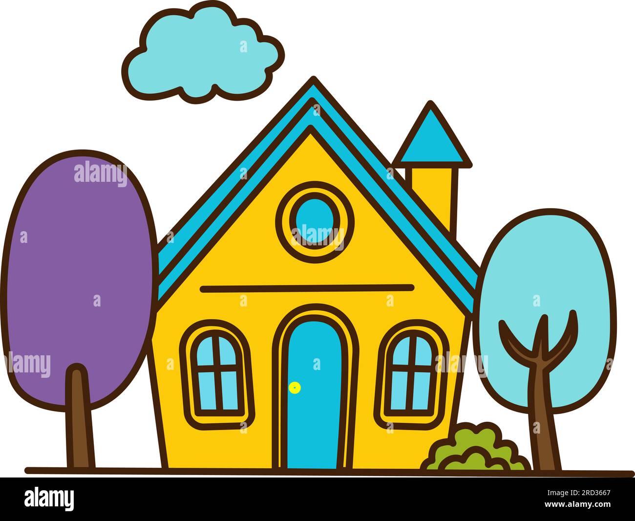Vector small cartoon house with colorful trees icon. Vector yellow ...