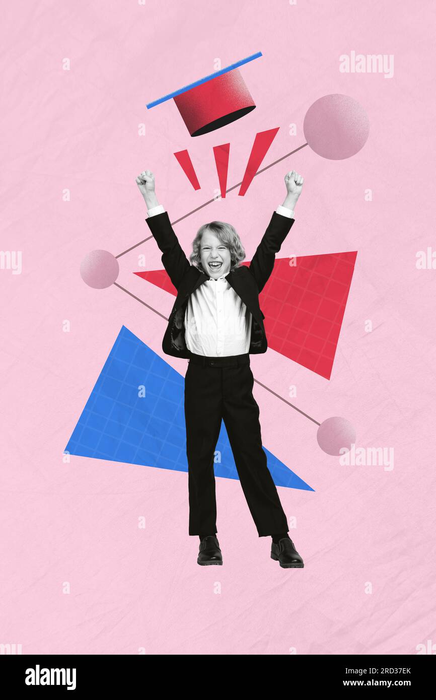 Poster collage banner of crazy excited school boy celebrate achieve ...
