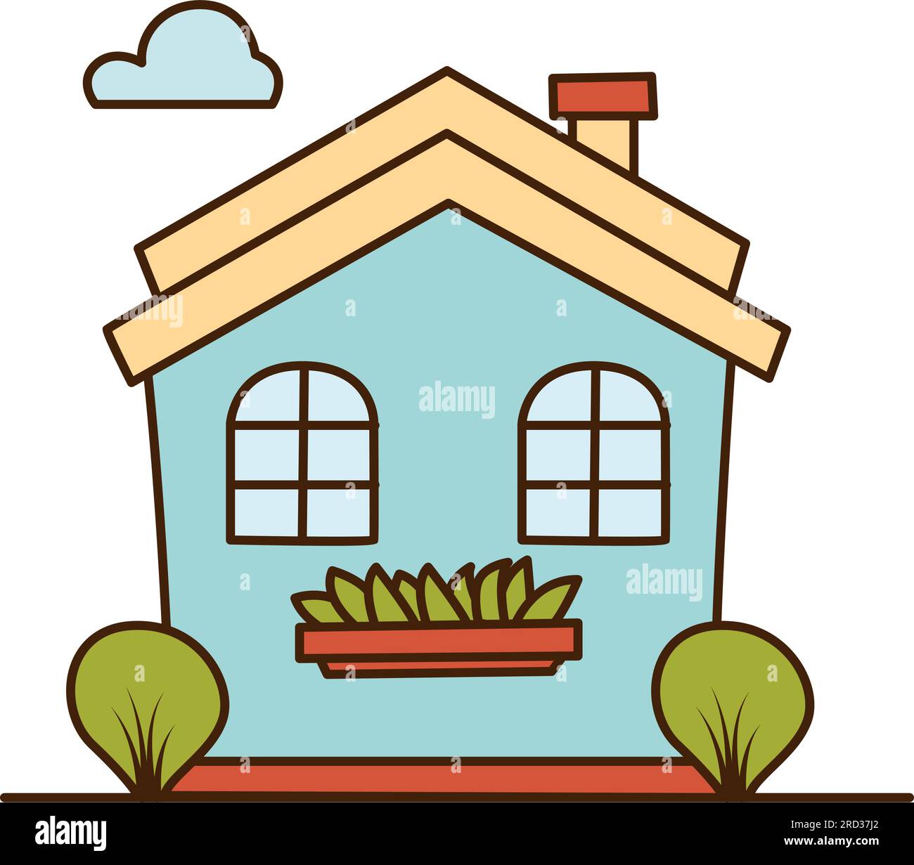 Vector blue house with two windows and Bushes icon. Vector cartoon ...