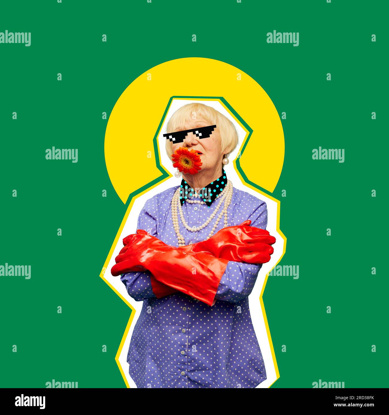 Contemporary art collage. Stylish, beautiful senior woman in ...