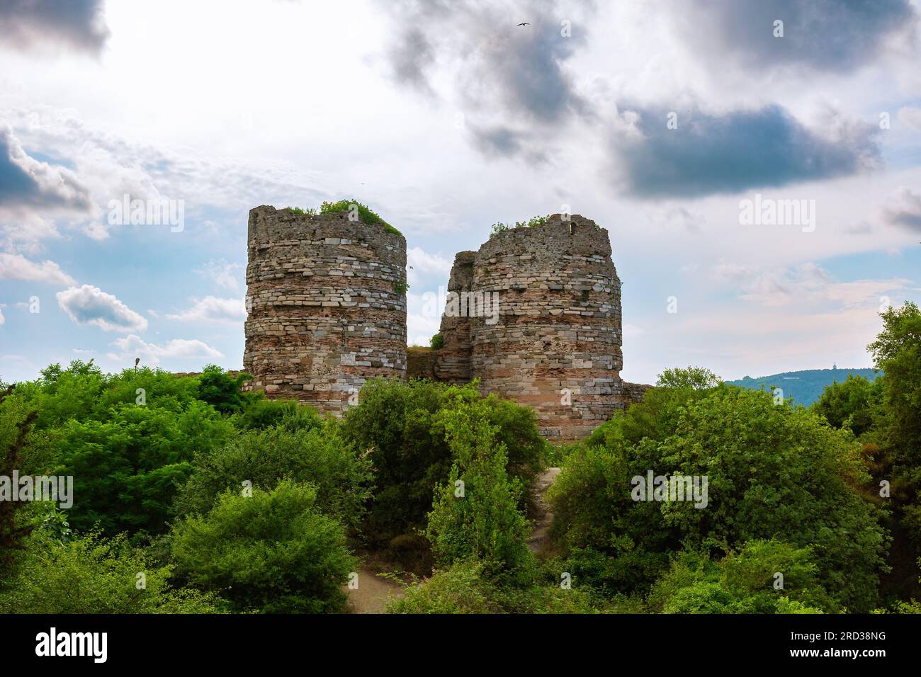 Yoros Castle and trees with cloudy sky. Ruins of a castle in Istanbul ...