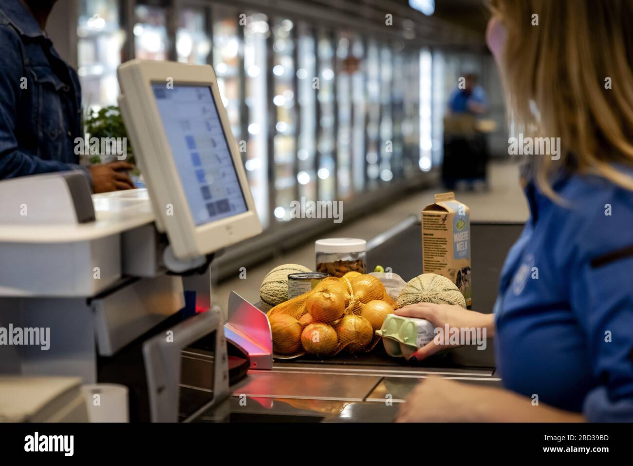 AMSTERDAM - Products on the belt at a checkout in an Albert Heijn ...
