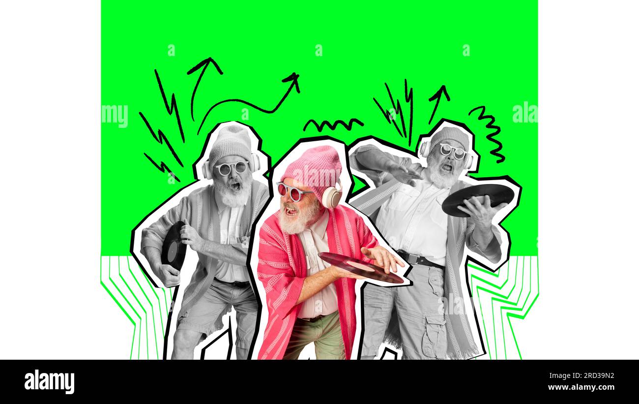 Contemporary art collage. Cheerful, joyful senior man in modern clothes ...