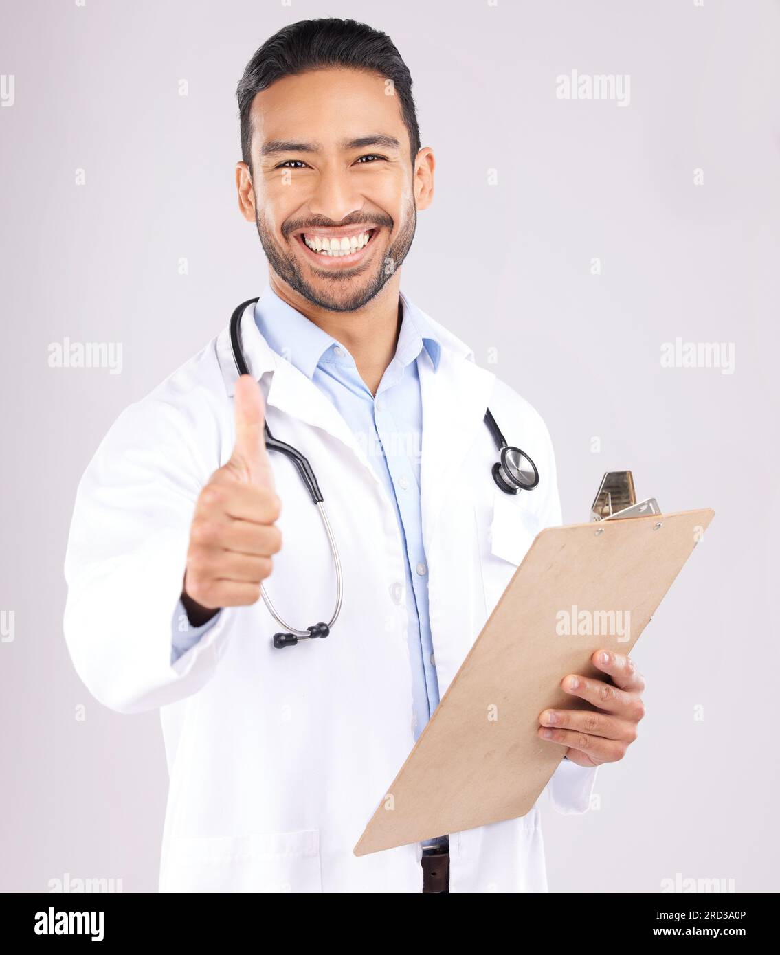 Happy asian man, doctor and portrait with thumbs up for healthcare ...
