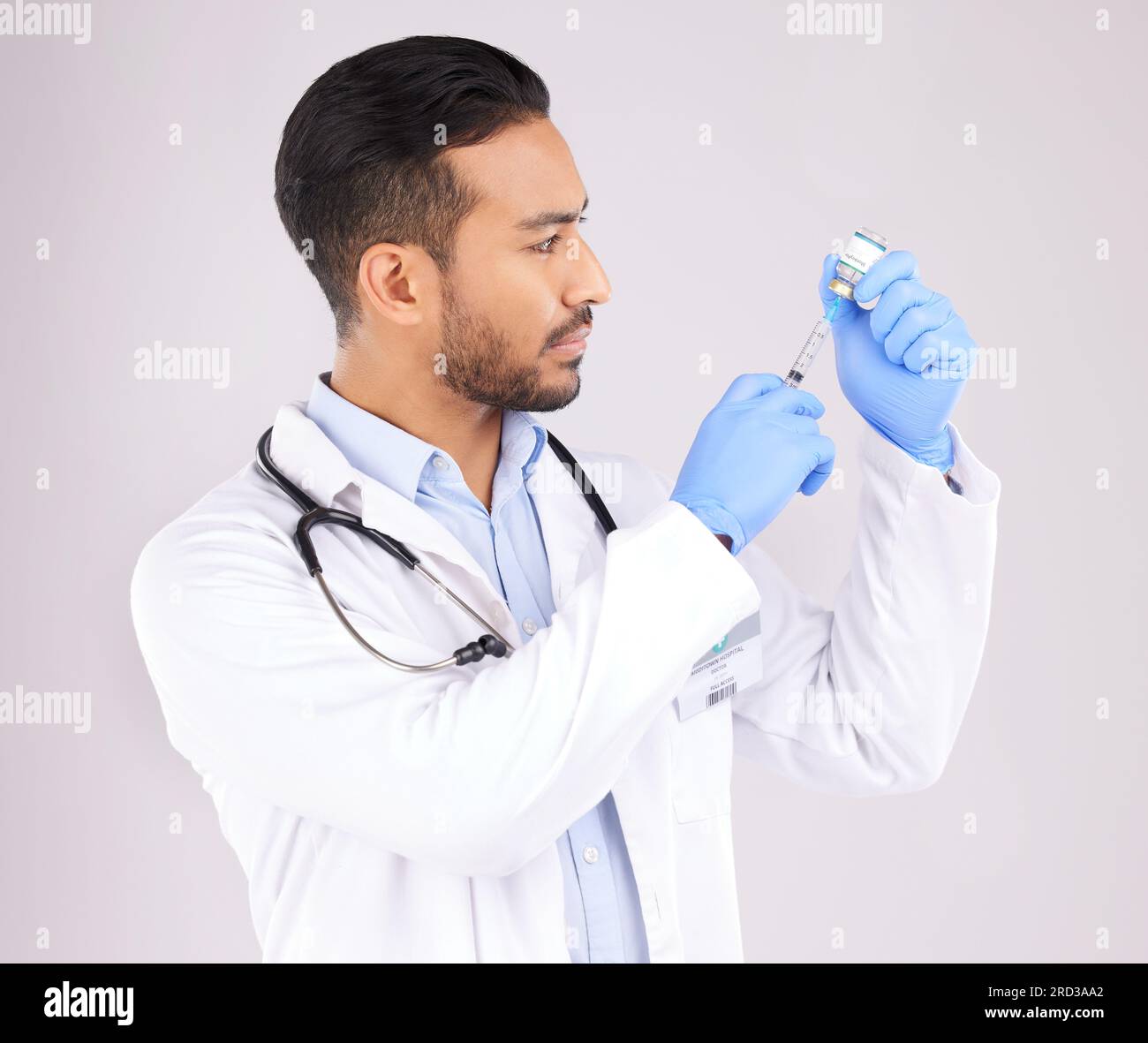 Monkeypox vaccine, medical injection and doctor with medicine bottle ...